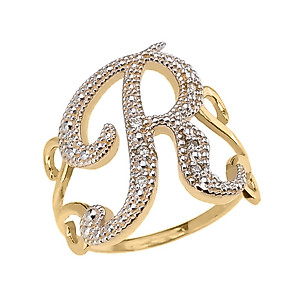 Initial Rings 10k Yellow Gold Modern Cursive R Diamond (Size 7)
