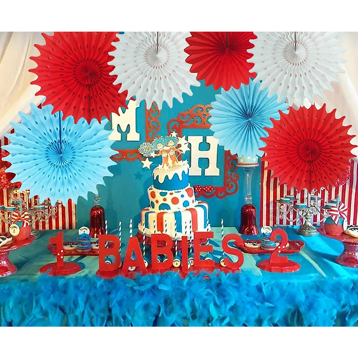 Dr Seuss Cat in The Hat Birthday Decorations Thing 1 and Thing 2 Decorations/Cat in The Hat Baby Shower Decorations/Turquoise Red Tissue Paper Fans for Circus Carnival Birthday Party Decorations