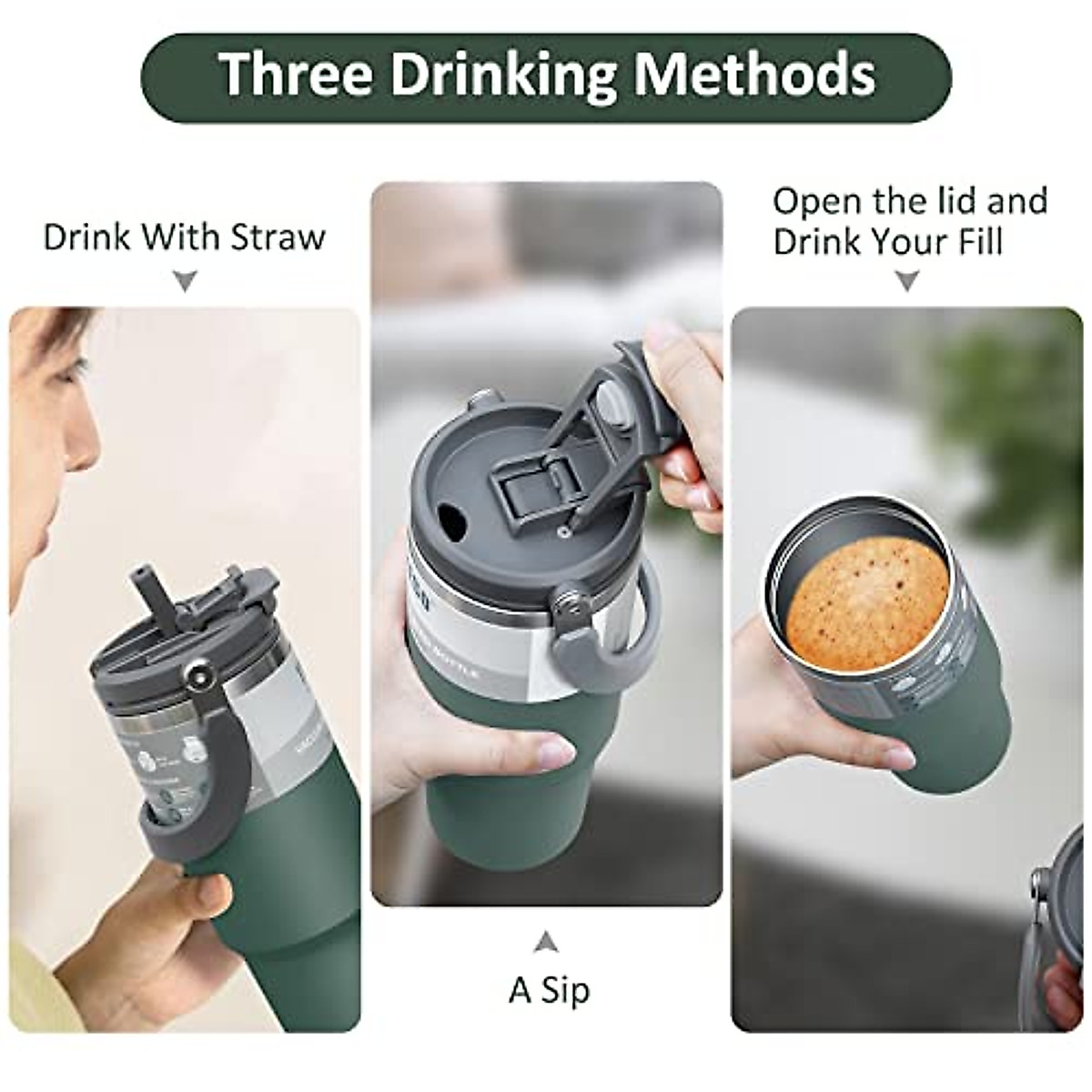 30 oz Tumbler with Lid and Straw - Stainless Steel Double Wall Insulated Tumbler with Handle, Coffee Mugs Boba Cup for Women Men, Water Bottle Travel Tumbler for Car/Home/Gym, Cold up to 24h Green