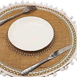 CAPASIN Round Placemats Set of 4, Dining Winter Modern Dinner Braided Beige Boho Round Table and Fall Circle Placemats Boho Runner Kitchen Table Plate Mats Set of 4 (White Ball)