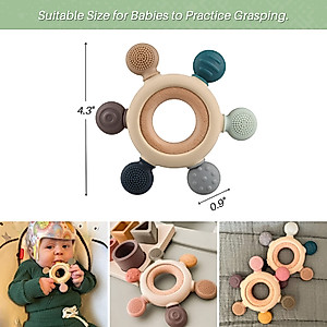 Baby Teething Toys, Silicone Chewable Teethers with Wooden Ring for Soothing Babies Gums, Rudder Chewers Shower Gift for lnfants & Toddlers, 3+ Months (6 Directions, Gray)