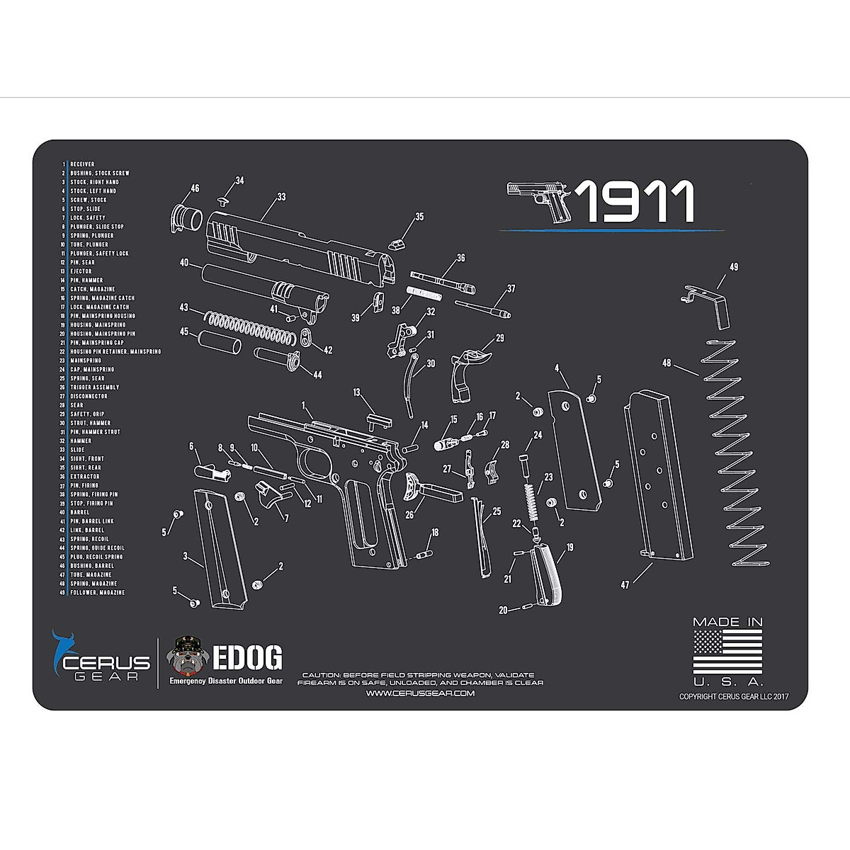 EDOG 1911 Gun Cleaning Mat - Schematic (Exploded View) Diagram Compatible with 1911 Series Pistol 3 mm Padded Pad Protect Your Firearm Magazines Bench Surfaces Gun Oil Solvent Resistant