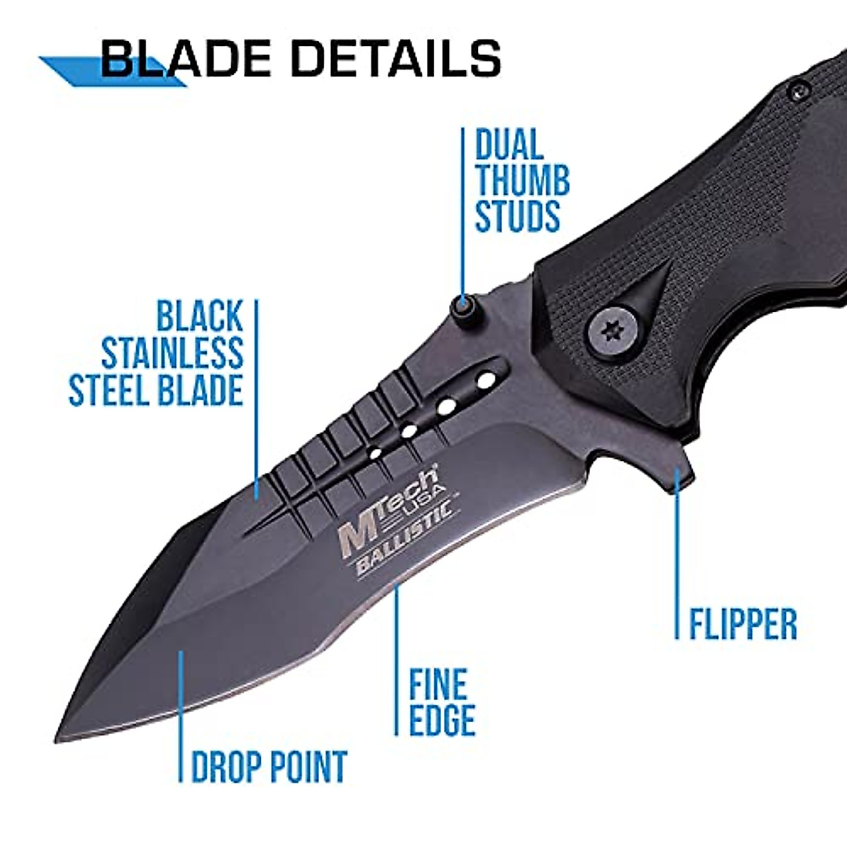 MTech USA – Spring Assisted Folding Knife – Black Stainless Steel Blade and Black Aluminum Handle with Rope Cutter, Glass Punch and Pocket Clip - Hunting, Camping, Survival, Tactical, EDC – MT-A845BK