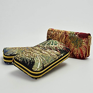 Ethnic Minority Style Double-Sided Embroidered Wallet, Special Peacock Embroidery, Long Zipper, Hand Wallet Mobile Phone Bag (Black)