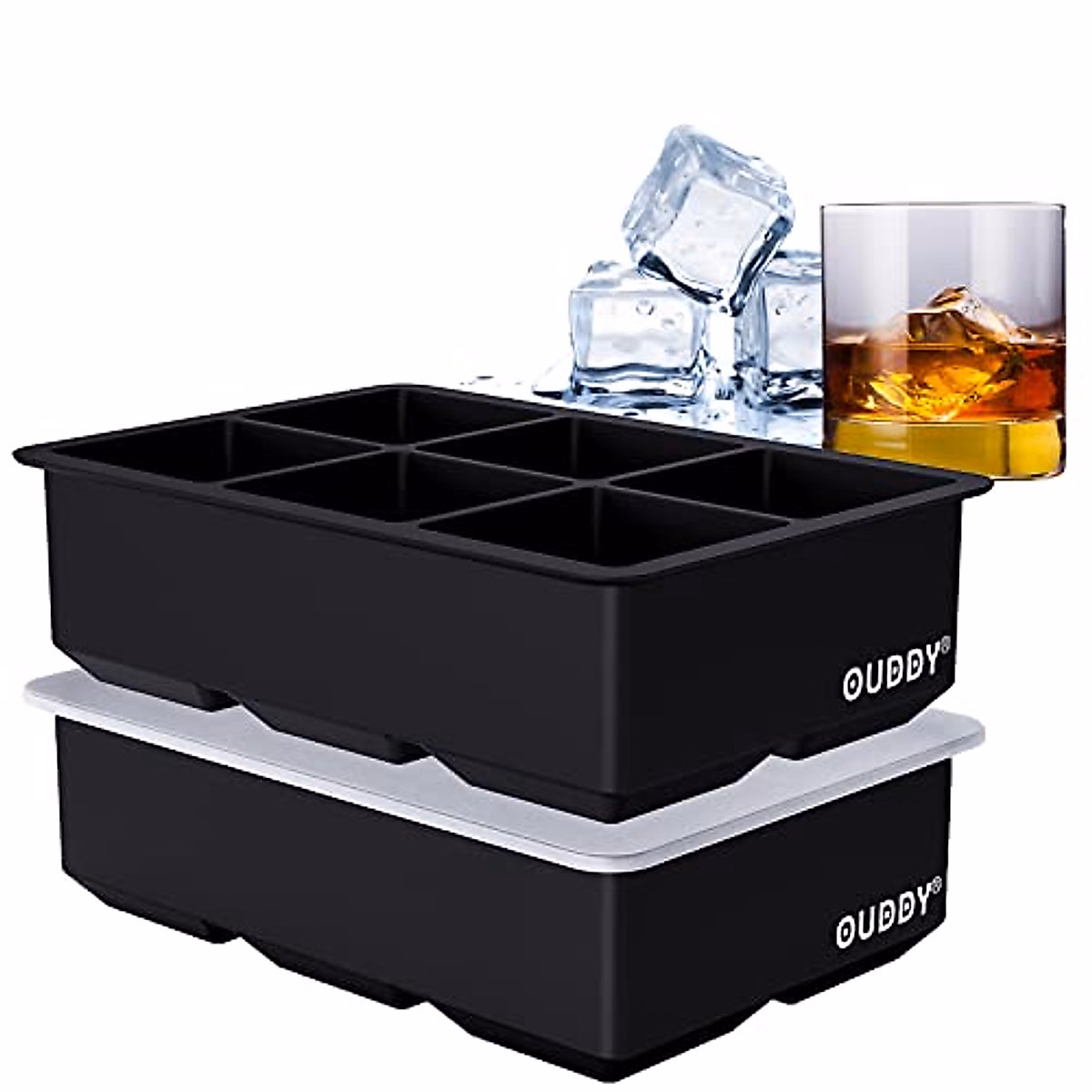 2 Pack Large Ice Cube Tray, Silicone Ice Cube Tray with Lid 6 Cavities Reusable & Flexible Designed BPA Free 2 Inch Ice Cube Mold Maker for Whiskey, Cocktail, Juice (Black)