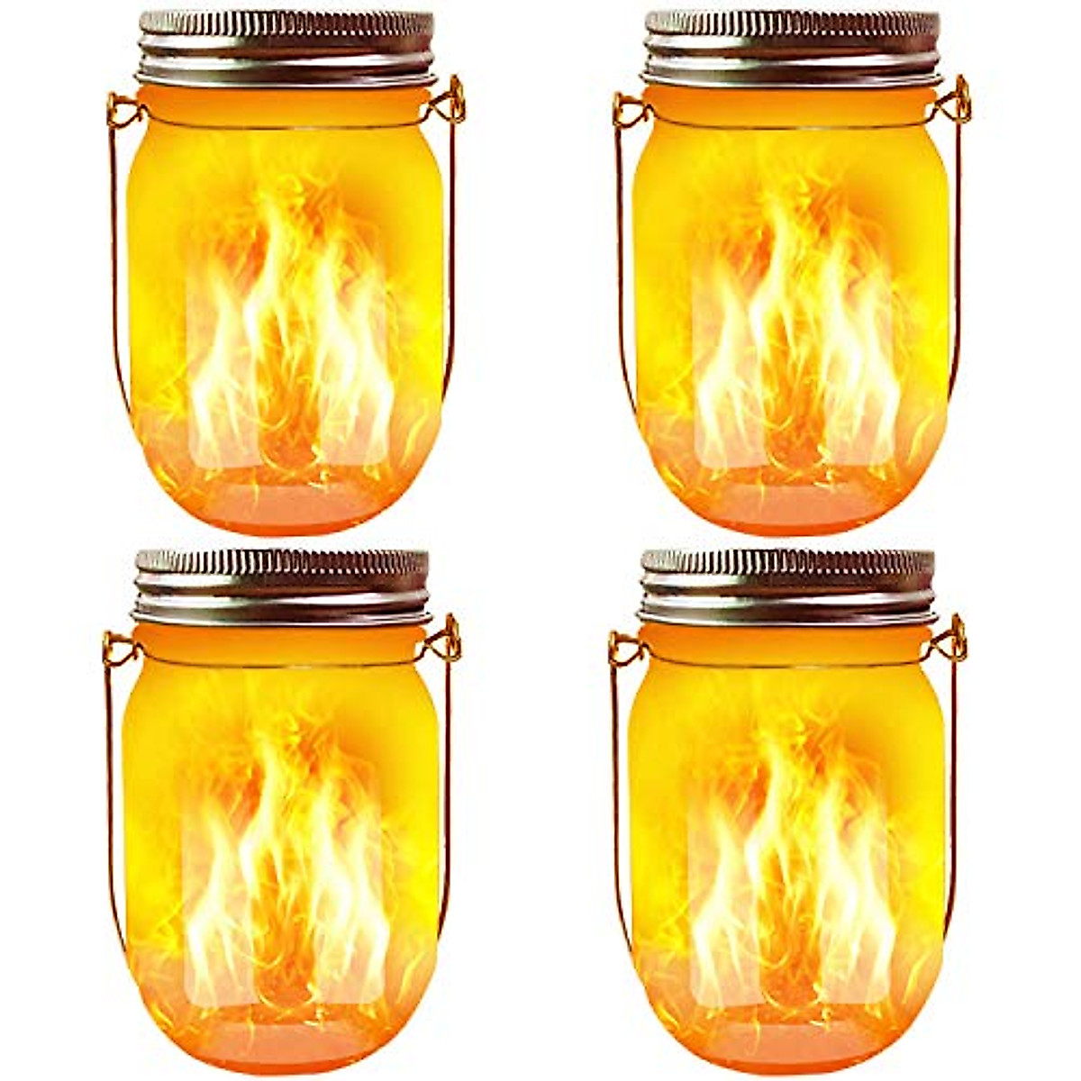 Solar Mason Jar Flicker Lights Upgraded, 4 Pack Flickering Torches Lights Outdoor Hanging Lanterns Landscape Decoration Lighting Dusk to Dawn Auto On/Off Security Halloween Torch Lights