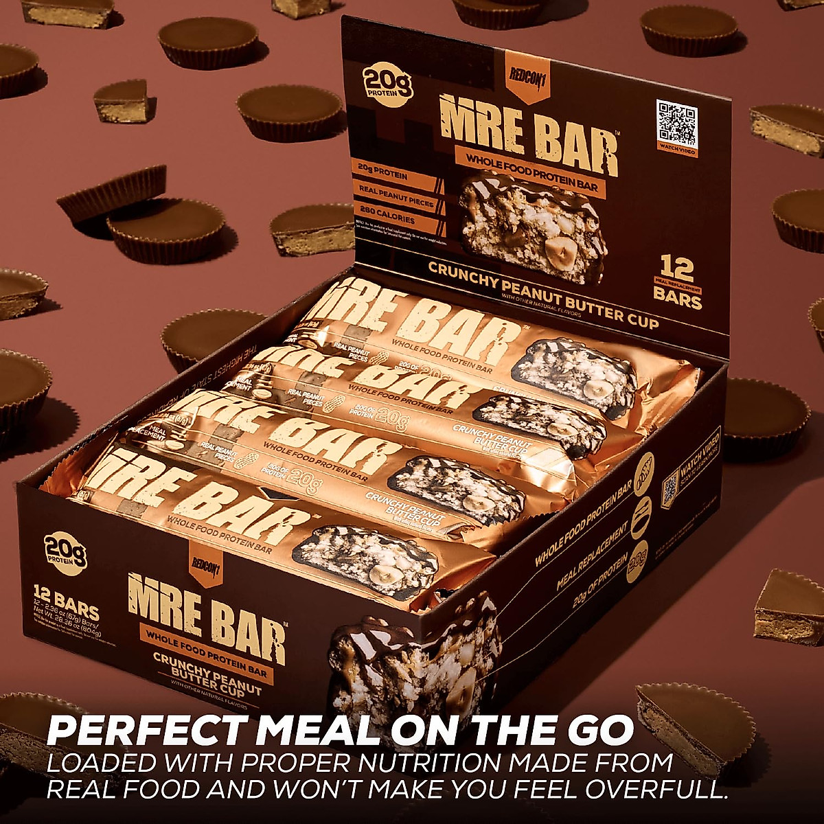 REDCON1 MRE Protein Bar, Chocolate Chip Cookie Dough - Contains MCT Oil + 20g of Whole Food Protein - Easily Digestible, Macro Balanced Low Sugar Meal Replacement Bar (12 Bars)