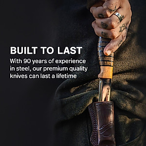 Helle Knives - Sigmund - Triple Laminated Stainless Steel Fixed Blade - Beech, Darkened Oak, & Leather Handle - Leather Sheath - Field Knife for Camping, Fishing, Hunting, Men & Women - Made in Norway