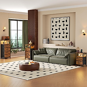 Furnulem Dresser for Bedroom, Tall Nightstand, Vertical Chest with Wood Top, Charging Station, LED Lights, 5 Fabric Bins, Bedside Table with Shelf, Furniture for Entryway (5 Drawer, Rustic Brown)