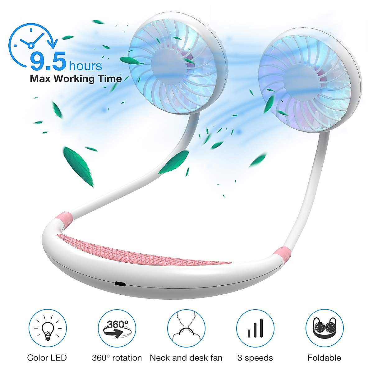 GIM Portable Hanging Neck Fan, 2000mah 3.5-9.5 Hours USB Rechargeable Personal Fan with 3 Level Air Flow 7 LED lights for Home, Office, Travel,Indoor, Outdoor (White&Pink)