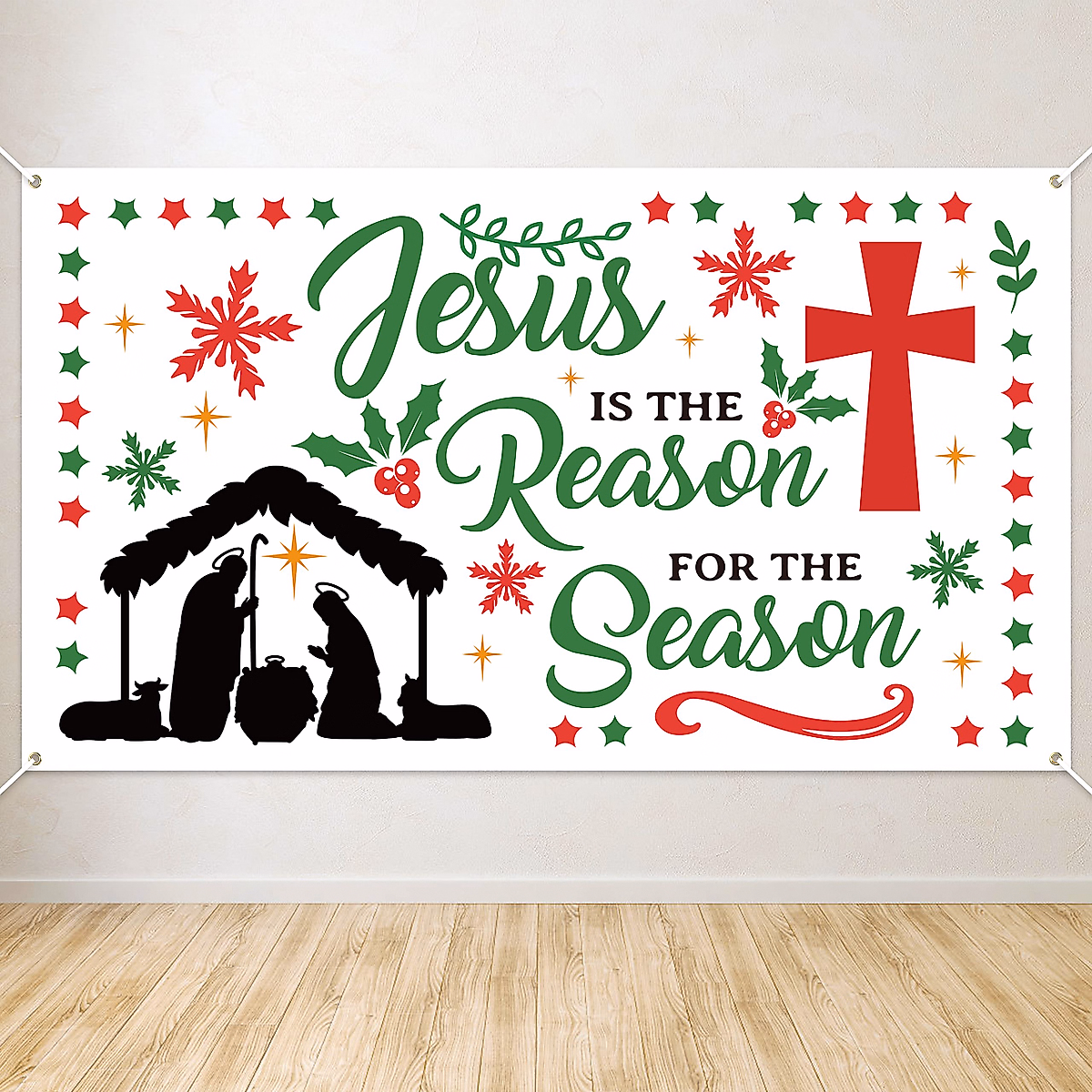 WATINC Christmas Jesus is The Reason for The Season Backdrop Banner XtraLarge Nativity Cross Xmas Winter Holiday Religious Party Wall Decorations Supplies for Home Church Outdoor 78 x 45 Inch