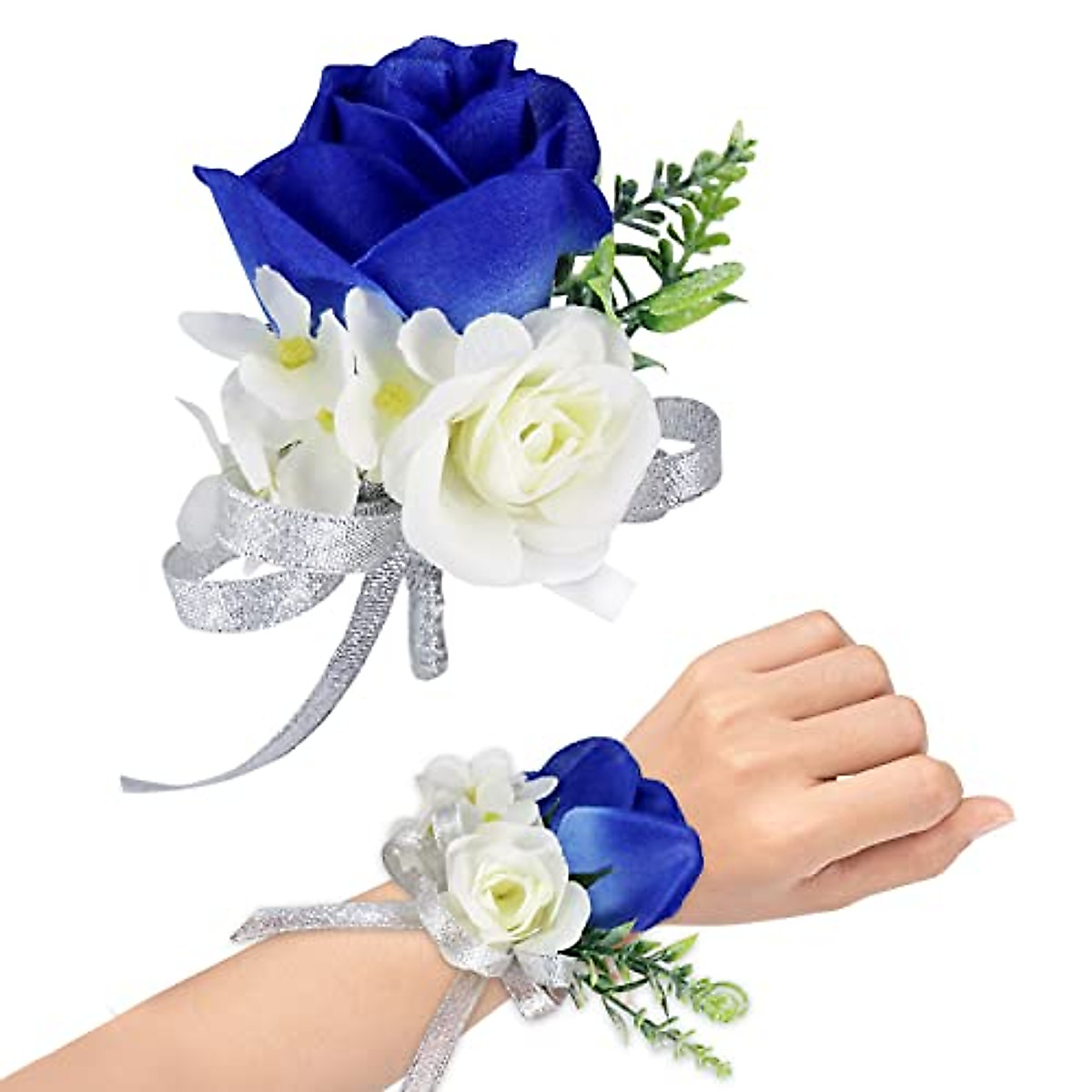 V-BICUIYUAN Corsage and Boutonniere Set-Prom Artificial Peony Rose Flower Wrist Corsage Bracelets, Homecoming Corsage Wristlet, for Wedding Flowers Accessories Prom Suit Decorations (Royal Blue)