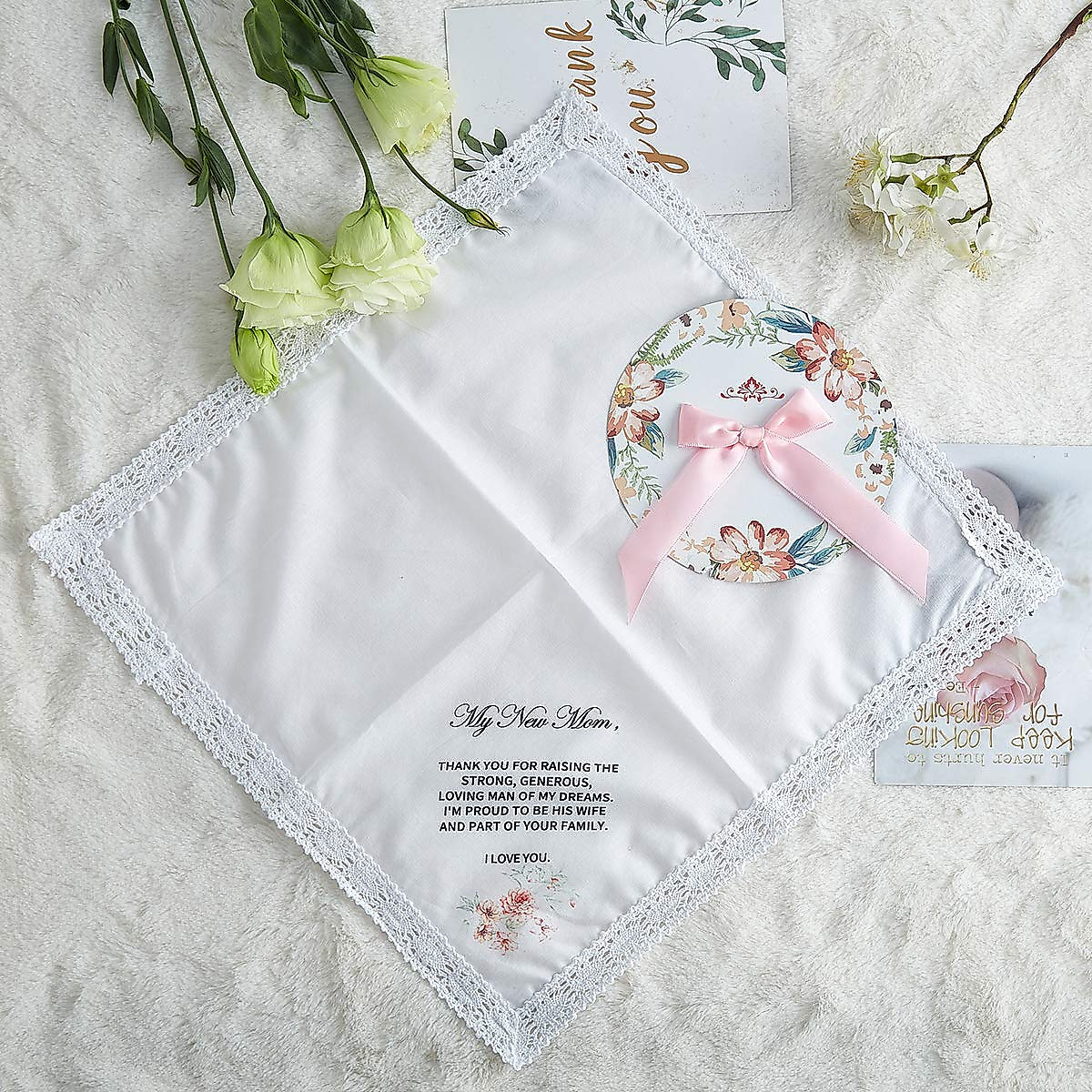Udobuy Wedding Handkerchief Gift for Bride Groom Mom Dad Grandma Friends,Printed Wedding Hankies,Keepsake Hankie for Mother... (Mother of the Groom)