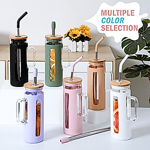 Kodrine Tumbler with Lid and Straw, 20 oz Glass Coffee Tumbler with Handle, Smoothie Cup with Bamboo Lid | Time Marker | Silicone Protective Sleeve, BPA Free -Pink