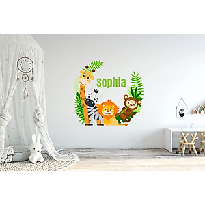 Jungle Animals Custom Name Wall Decal - Baby Safari Animals Series Theme Wall Art Decal - Wall Decal for Nursery Bedroom playroom Decoration (Wide 15"x13" Height)