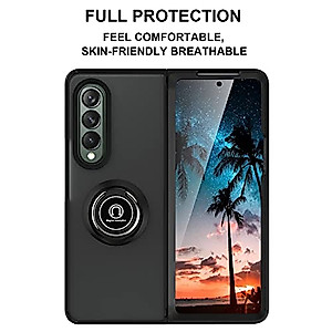 TJS Compatible with Samsung Galaxy Z Fold 3 5G Case, Impact Resistant Bumper 360 Degree Rotating Metal Ring Holder Drop Protective Phone Case Cover (Yellow)