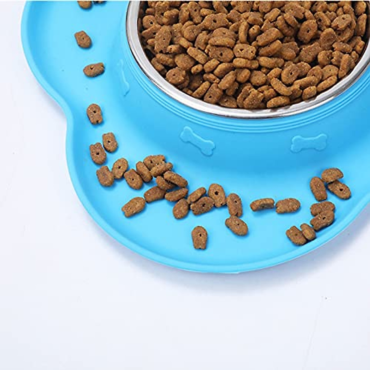 FUUIE Bowls for Food and Water Silicone Bone Double Dog Bowl Pet Pad Pet Feeding Bowl Non-Slip Leakproof Dual-Use Pet Mat Black and Blue (Color : Blue)