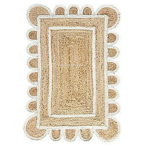 Shiv Shakti Exports White Scalloped Natural Jute Area Rug, Natural Base Off White Trim (2x3 Feet / 61x92 Cm)