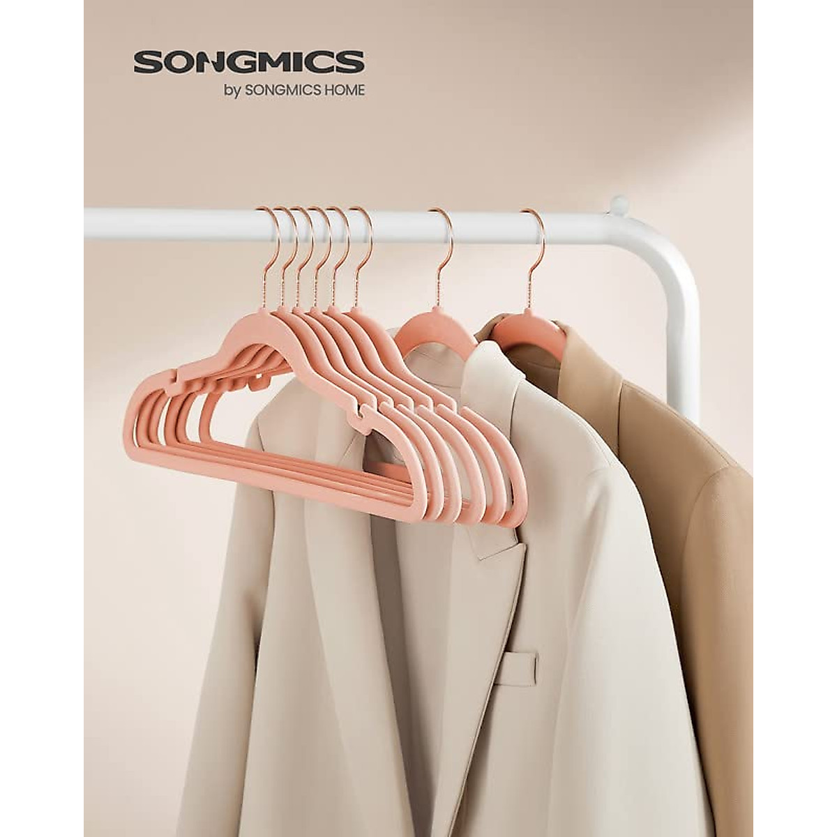 SONGMICS Velvet Hangers 50 Pack, Non-Slip Clothes Hangers, with Shoulder Notches, Pants Bar, 360° Swivel Hook, Space-Saving, for Closet, Pink UCRF029PK05