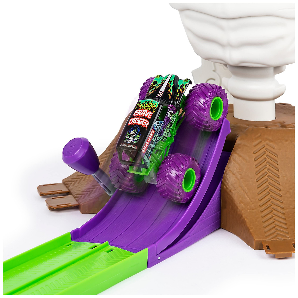 Monster Jam, Grim Takedown Playset with Lights and Sounds, Featuring Exclusive 1:64 Scale Die-Cast Grave Digger Monster Truck