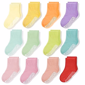 CozyWay Toddler Boy Socks With Grippers Non Slip Crew Grip Socks for Boys Soft Comfy Cotton - 3T-5T Multi Color Cars - 12 Pack