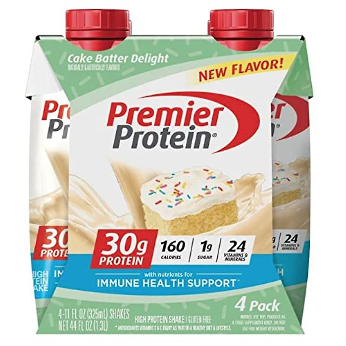 Premier Protein Shake, Cake Batter Delight, 30 g Protein, 1 g Sugar, 24 Vitamins & Minerals, Nutrients to Support Immune Health, Cream, 11 Fl Oz, 4 Count