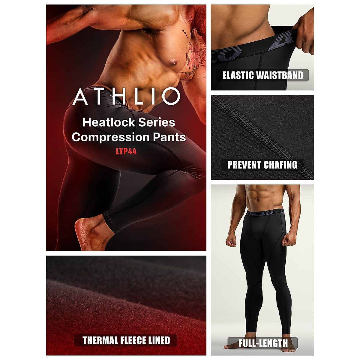 ATHLIO Men's Thermal Compression Pants, Athletic Running Tights & Sports Leggings, Wintergear Base Layer Bottoms, 3pack Thermal Pants Black/Black/Black, Large