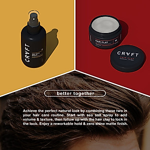 CRVFT Hair Clay 2.8oz + Sea Salt Spray 6oz Men's Bundle - Medium + Light Hold - Matte + Natural Finish - Volume + Texture + Prestyler - Stylist Approved - Scented