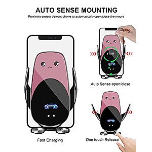 Wireless Car Charger Mount, 15W Qi Fast Charging Auto-Clamping Cell Phone Car Holder ​Air Vent Windshield (Pink)