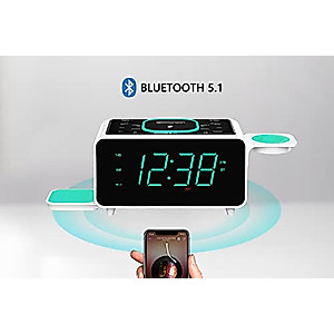 Emerson Radio Smartset Alarm Clock FM Radio with Wireless Charging, Bluetooth Speaker, Fast Charging for Airpods/iPhone, Foldable Stand, USB Charger, Adjustable LED Glow, ER100501, Black/Neon