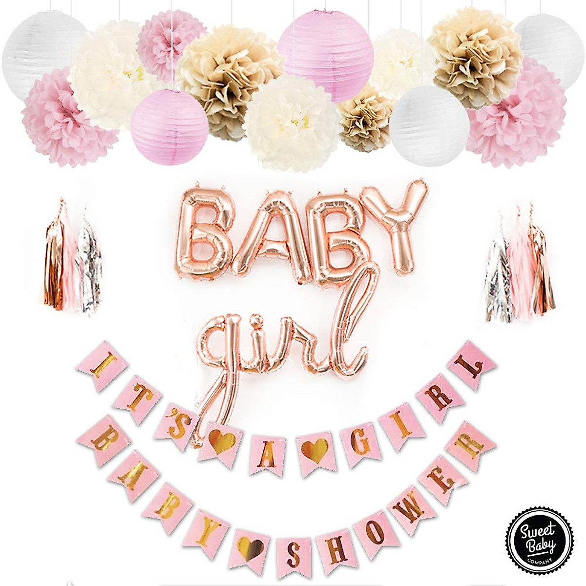 Sweet Baby Co. Pink Baby Shower Decorations for Girl with Its A Girl Banner, Baby Girl Letter Balloons, Flower Pom Poms, Paper Lanterns, Tassels (Rose Gold, Pink, Ivory, White Sprinkle Set)