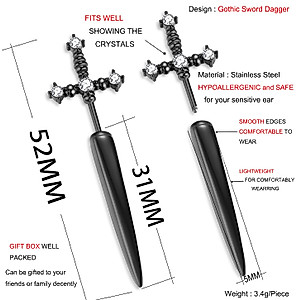 CHASELOV Gothic Earrings For Women, Sword Earrings, Goth Dagger Screw Back Earrings, Cool Mens Earrings, Fake Gauge Illusion Jewelry, Stainless Steel 18g Ear Jacket Earrings (Silver)