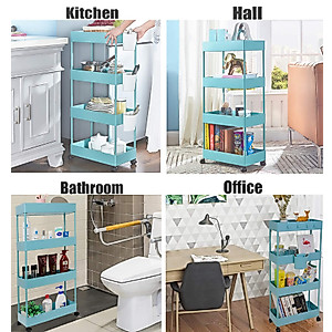 AYVANBER 4 Tier Slim Rolling Utility Kitchen Cart Bathroom Organizer for Narrow Places Multipurpose Storage Shelve Mobile Trolley for Bedroom Laundry Office Restaurant Garage Pantry (Teal)