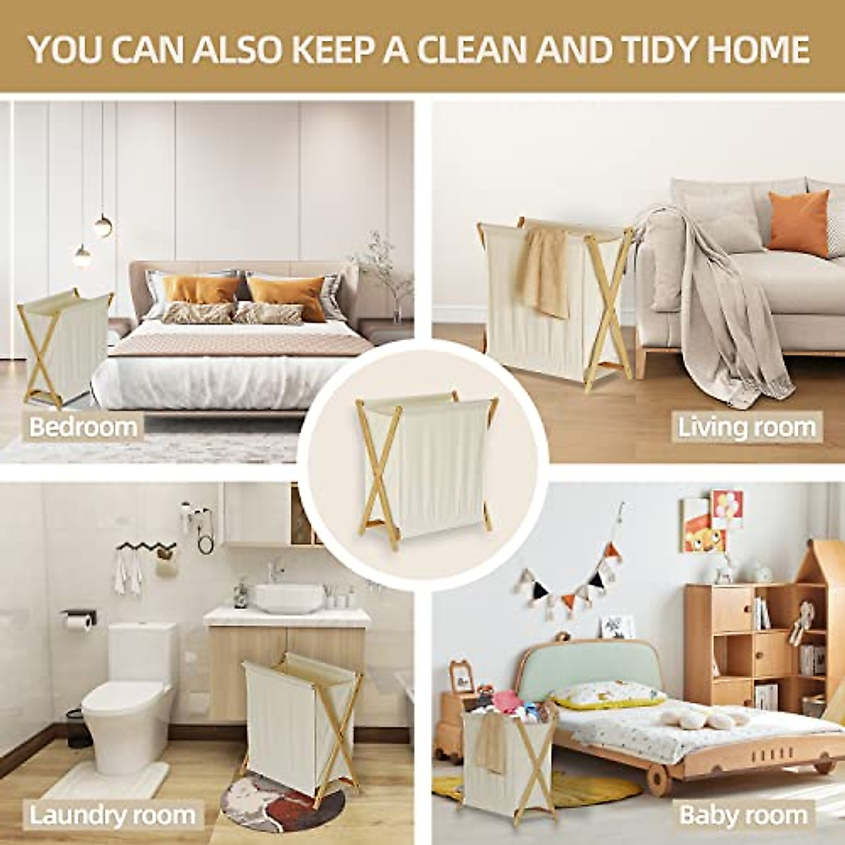 Bellglee Collapsible Bamboo Wood Laundry Hamper, Wooden X Frame Foldable Laundry Basket, Clothes Sorter Organizer with Linen Canvas Laundry Bag for Bedroom or Bathroom