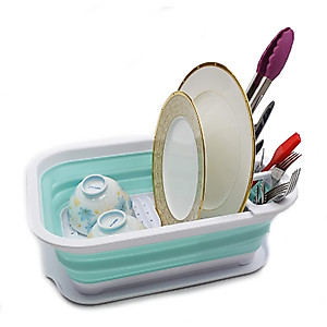SAMMART 7.5L (2 Gallon) Collapsible Dish Drainer with Drainer Board - Foldable Drying Rack Set - Portable Dinnerware Organizer - Space Saving Kitchen Storage Tray (White/Lake Green, 1)