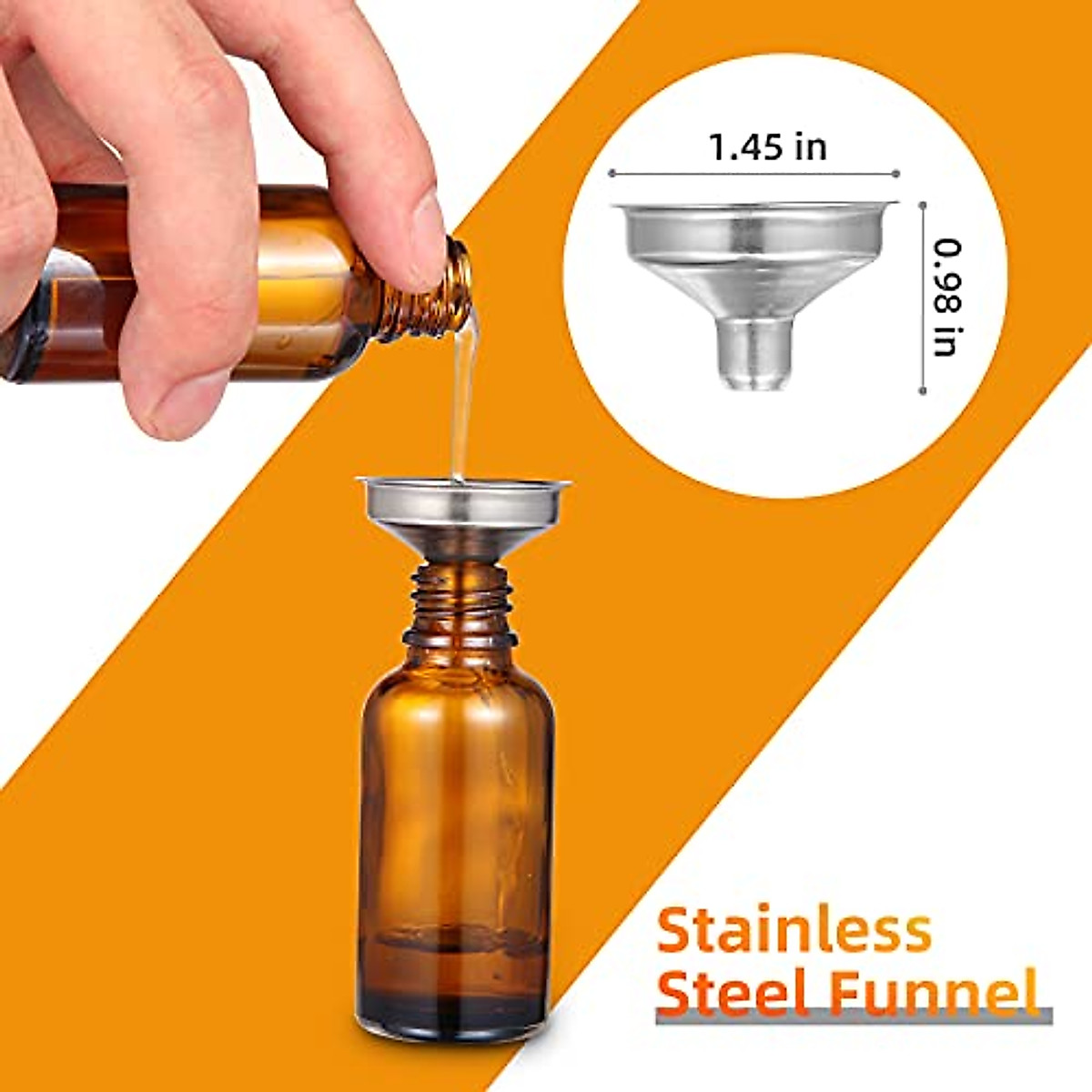 Cibeat 24 Pack 1oz Amber Glass Eye Dropper Bottle with 2pcs Stainless Steel Funnels and Long Glass Dropper and Cleaning Brush - 30ml Leakproof Travel Bottles for Liquids Like Essential Oils