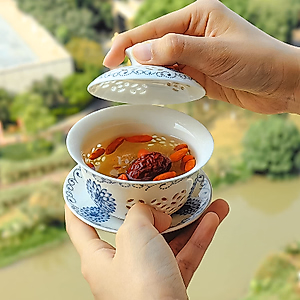 Ceramic Gai Wan Tea Cup, Gaiwan For Chinese Traditional Gong Fu Tea Ceremony To Brew Loose Oolong Bags or Flower GW-W5 (Sunward flower)