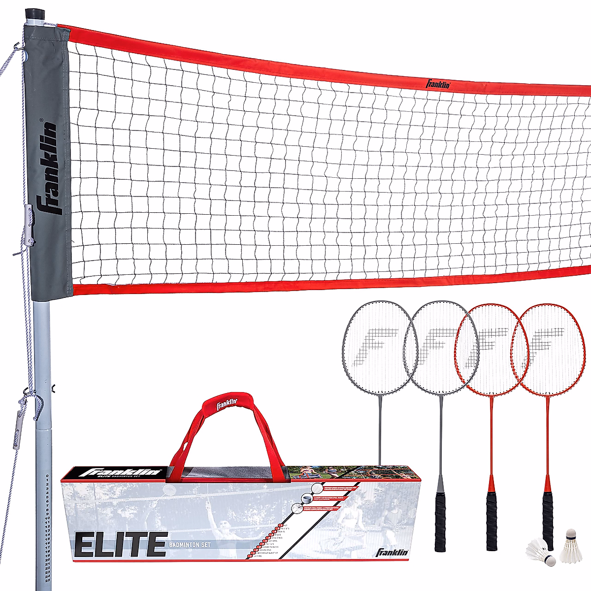Franklin Sports Elite Badminton Net Set - Includes Badminton Rackets, Poles/Net, Stakes, Ropes, Boundary Kit - Beach or Backyard Volleyball Badminton- Easy Setup,Black
