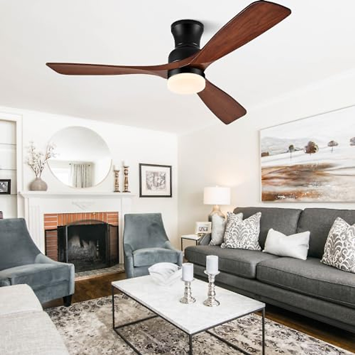 BOOSANT 60" Flush Mount Ceiling Fan with Lights, 60 Inch Ceiling Fans with Remote Control, Low Profile Ceiling Fan for Outdoor Patios, Hugger Ceiling Fan, Quiet Reversible DC Motor (Dark Walnut)