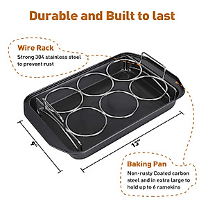 Creme Brulee Making Set - 6 Porcelain Ramekins 6 oz, 304 Stainless Steel Lifting Rack, 9" X 13" Bottom Pan