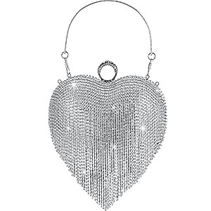 Women Heart Shape Crystal Tassel Clutch Purse Silver Rhinestone Evening Hand Bags with Long Chain for Wedding Engagement Party