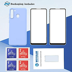 Weycolor for Samsung Galaxy A21 Case, with Tempered Glass Screen Protector [2 Pack], Liquid Silicone Slim Soft TPU Fit Drop Protection Phone Case (Purple)