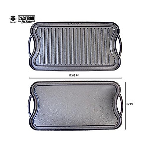 KANKA Cast Iron Griddle - 19.7in X 10.23in, Pre-seasoned, Rectangular, Reversible, Doublesided, Black, Includes Stainless Steel Chain Cleaner