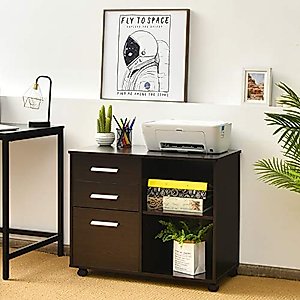 Giantex 3-Drawer File Cabinet, Mobile Lateral Filing Cabinet with Wheels, Large Printer Stand with 3 Drawers and Open Storage Shelves, Multifunctional Storage Cabinet for Home Office (Espresso)