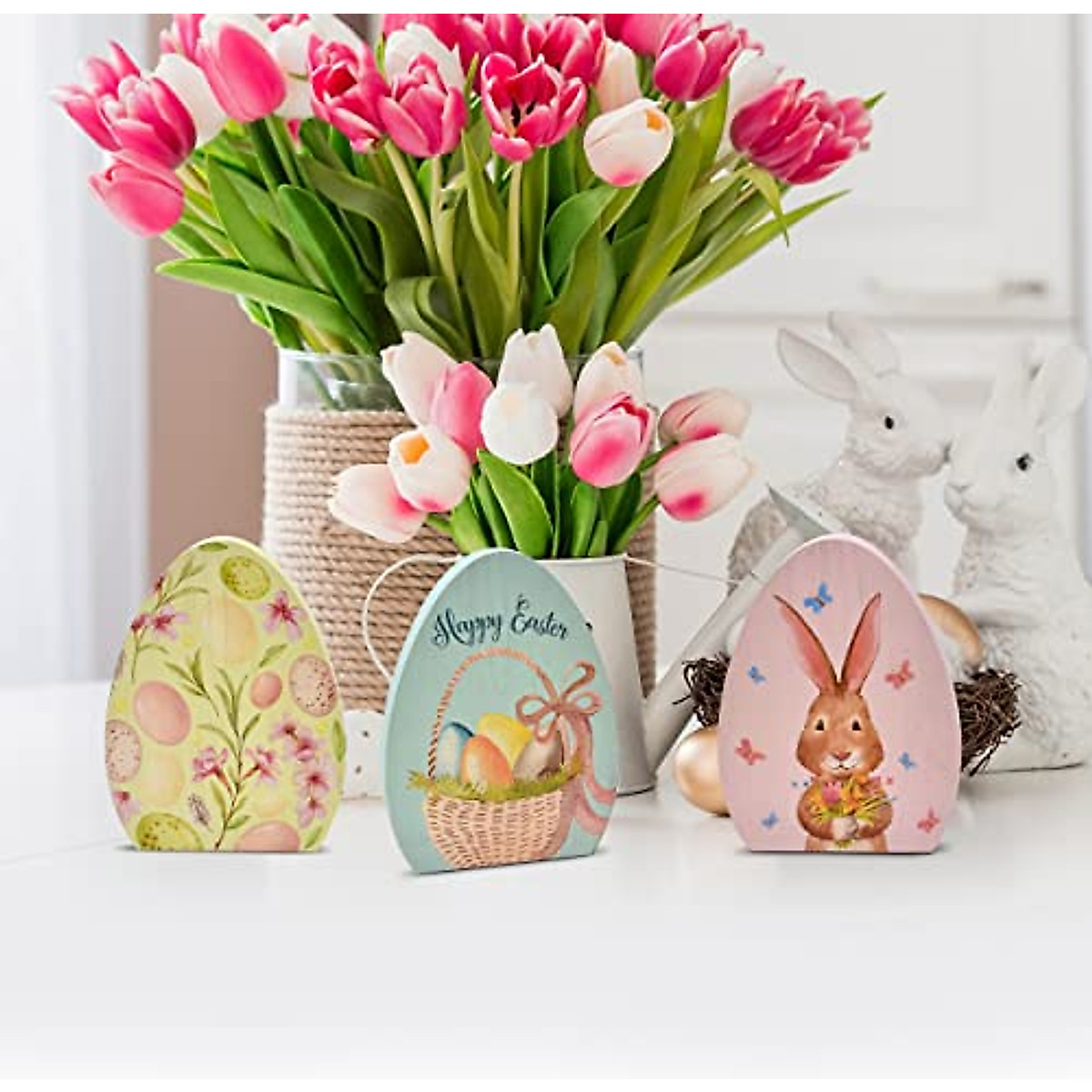 Wooden Easter Egg Table Decorations 3 Pack Decorative Spring Eggs Bunny Rabbit Flowers Design Tabletop Party Centerpiece Signs Rustic Wood Holiday Shelf Topper for Home Kitchen Office Mantle Decor