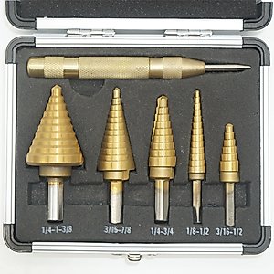6pcs High Speed Steel Titanium Plated Step Drill Set Plus Center Positioner with Aluminum Storage Index Box Can be Used for Sheet Metal Wood (6pcs Titanium Step Drill bits)…