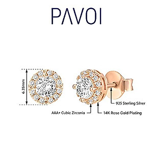 PAVOI 14K Gold Plated Sterling Silver Post Round Halo Cubic Zirconia Stud Earrings in Rose Gold
