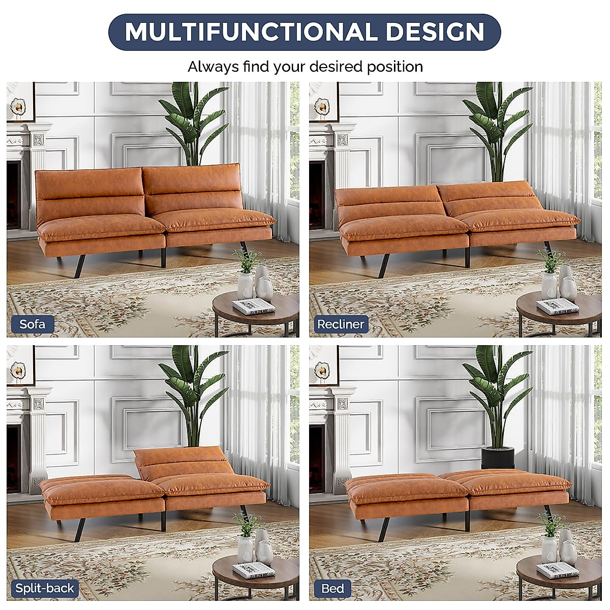 IULULU Futon Sofa Bed, 71 Inch 3-Seater Faux Leather Couch, Convertible Armless Sleeper with Adjustable Backrest for Small Space, Tan