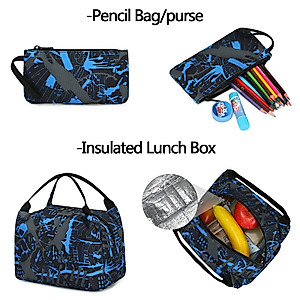 Bluboon School Backpack for Boys Teens Bookbag Travel Daypack Kids Girls Lunch Bag Pencil Case (Blue-3pcs)