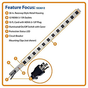 Tripp Lite 12 Outlet Power Strip with Surge Protection, 15ft. Cord, Metal, 36 in. length, (SS3612),Gray